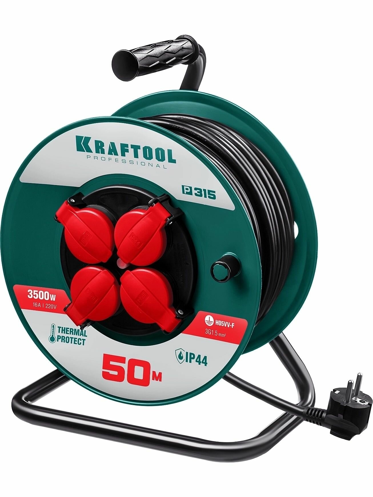 Силовой удлинитель на катушке KRAFTOOL P-315, ПВС, 3 x 1.5 мм2, 50 м, 3500 Вт, IP44