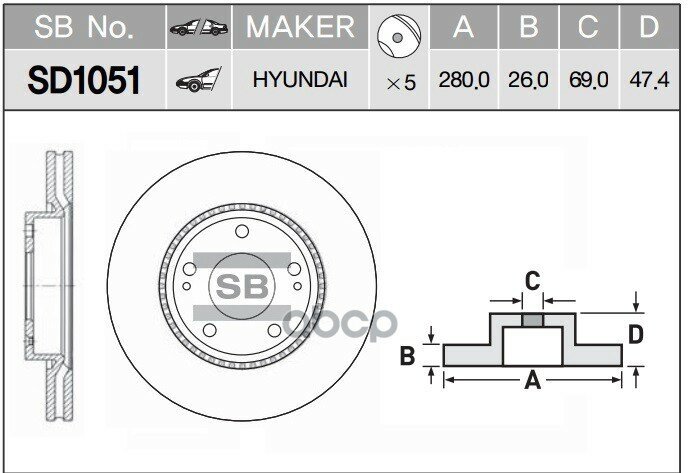 Диск тормозной HYUNDAI TUCSON 06-/i30 09-/KIA CEED 06-/SPORTAGE 04- передний Sangsin brake арт. SD1051