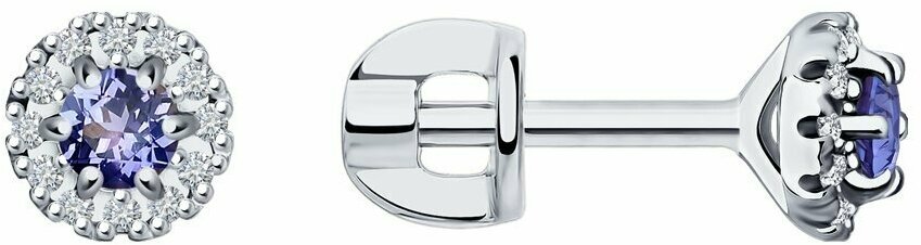 Серьги пусеты, белое золото, 585 проба, танзанит, бриллиант