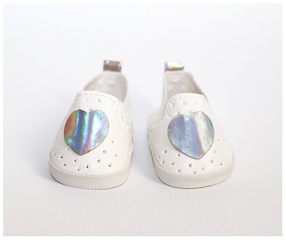 Обувь для кукол, Туфли с сердечком 7 см для кукол 42-50 см, белые с серебром