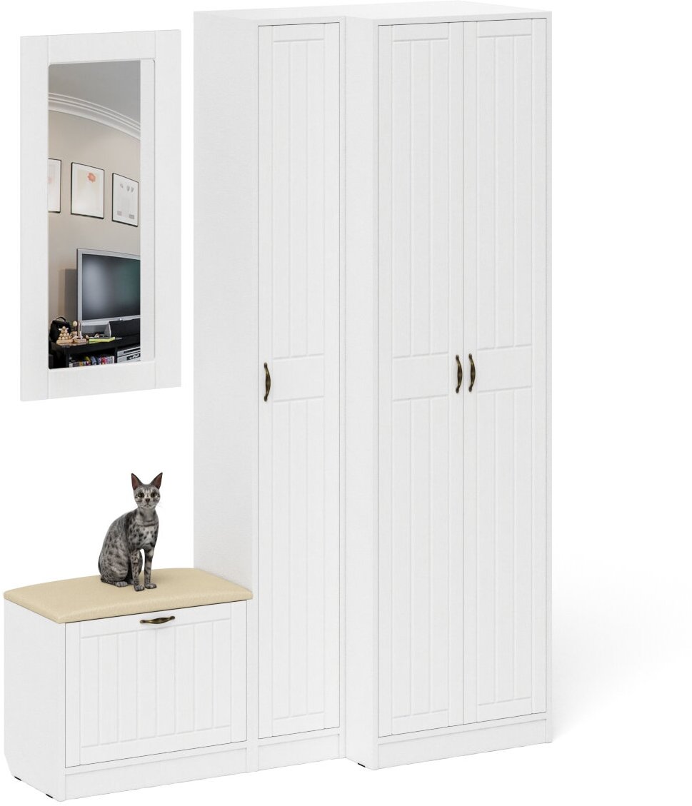 Тумба для обуви с сидением с зеркалом и пенал со шкафом П-6, белая/МДФ белое дерево фрезеровка прованс 150х50х210