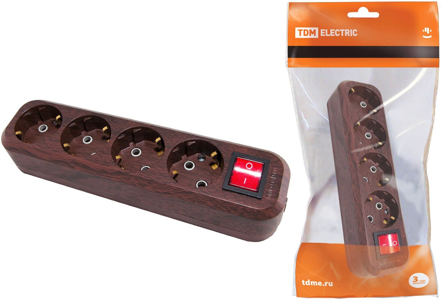 Колодка розеточная 4 гнезда 2П+3 с выключателем16А 250В "Эко" (бук), TDM SQ1806-0066 (1 шт.)