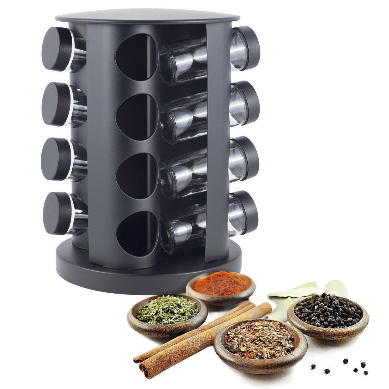 Набор ёмкостей для специй 16 шт. Kamille КМ-7046 на круглой черной подставке из нержавеющей стали (черный)