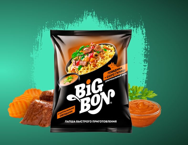 Лапша быстрого приготовления BIG BON говяжья + соус гуляш 75 г - 6 штук