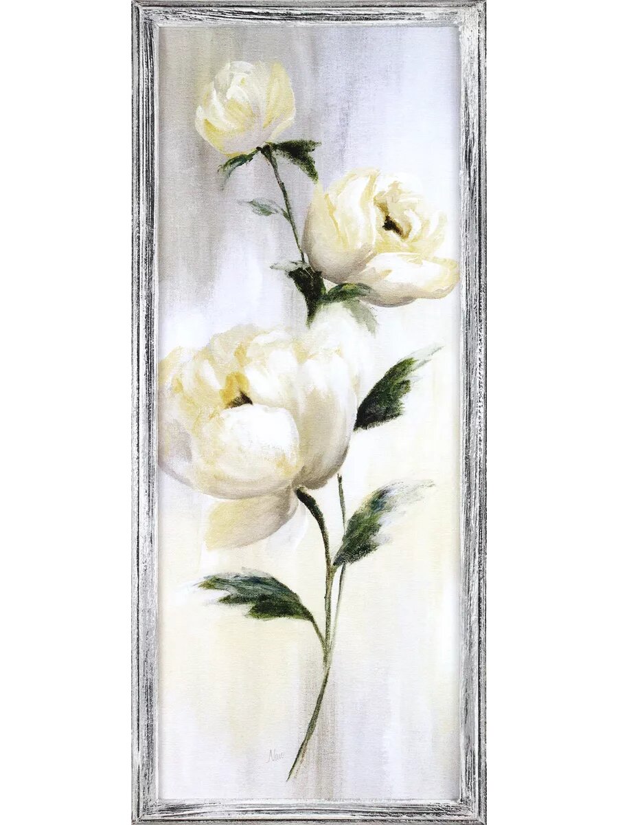Картина на стену вертикальная 20х50 белые пионы в рамке