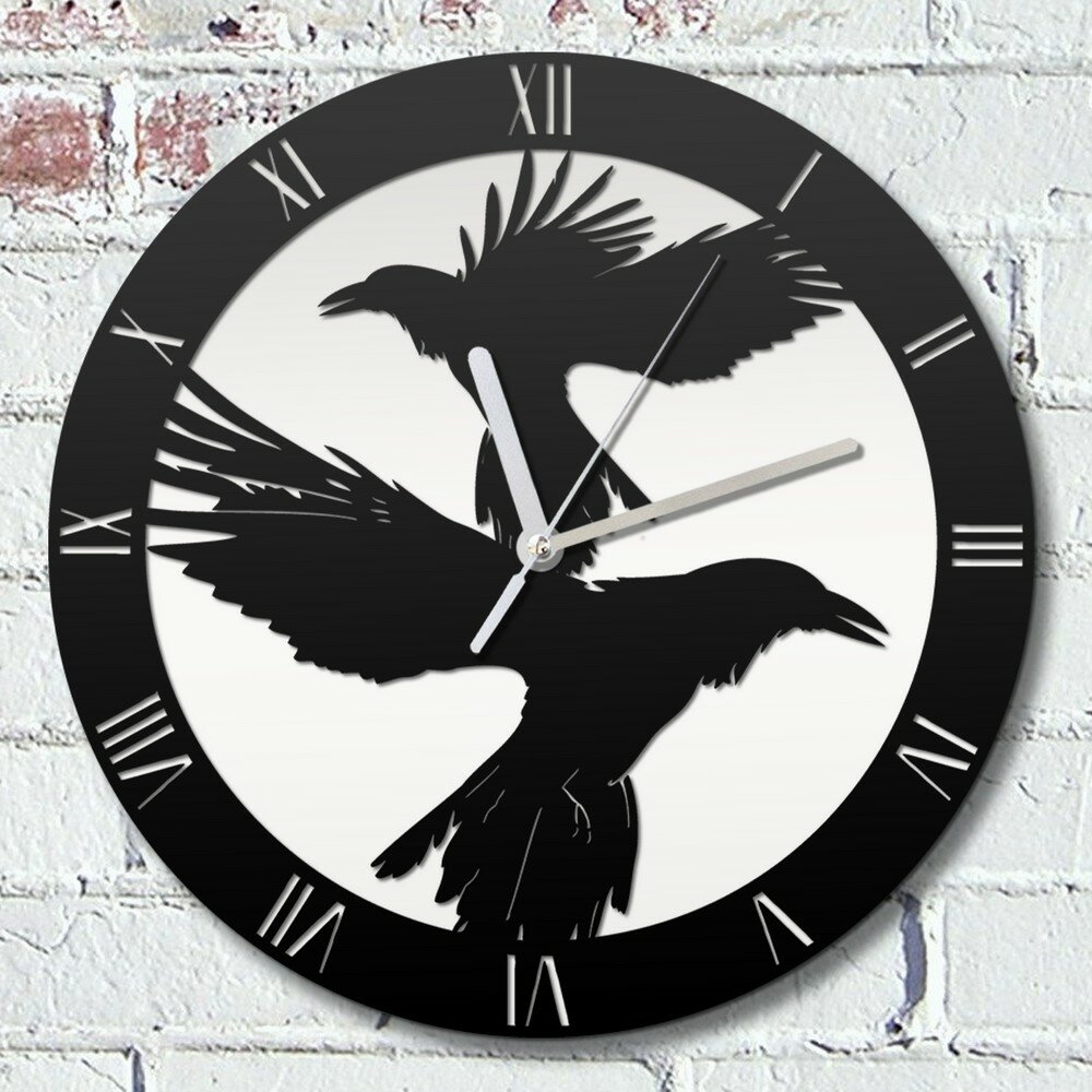Настенные деревянные бесшумные часы эстетика Вороны (готика, птицы, фамильяр) - 5148