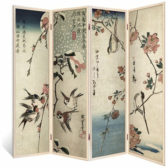 Ширма перегородка Декор Депо для комнаты деревянная "Японские птички" двухсторонняя с картинкой (уют) 4 створки кремовый дуб 176х185 см 14 кг