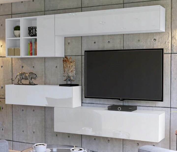 Стенка в гостиную подвесная "Равенна 12" 315х200х36, белый / белый глянец