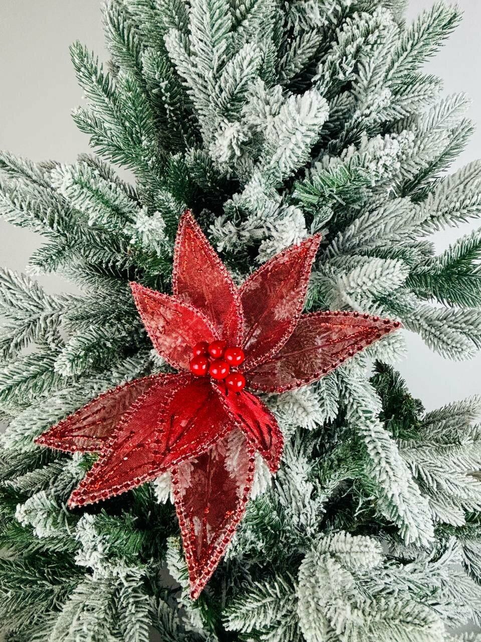 Новогоднее украшение для ёлки и декора-Цветок c ягодами и листьями красный, 1 шт, 40 см