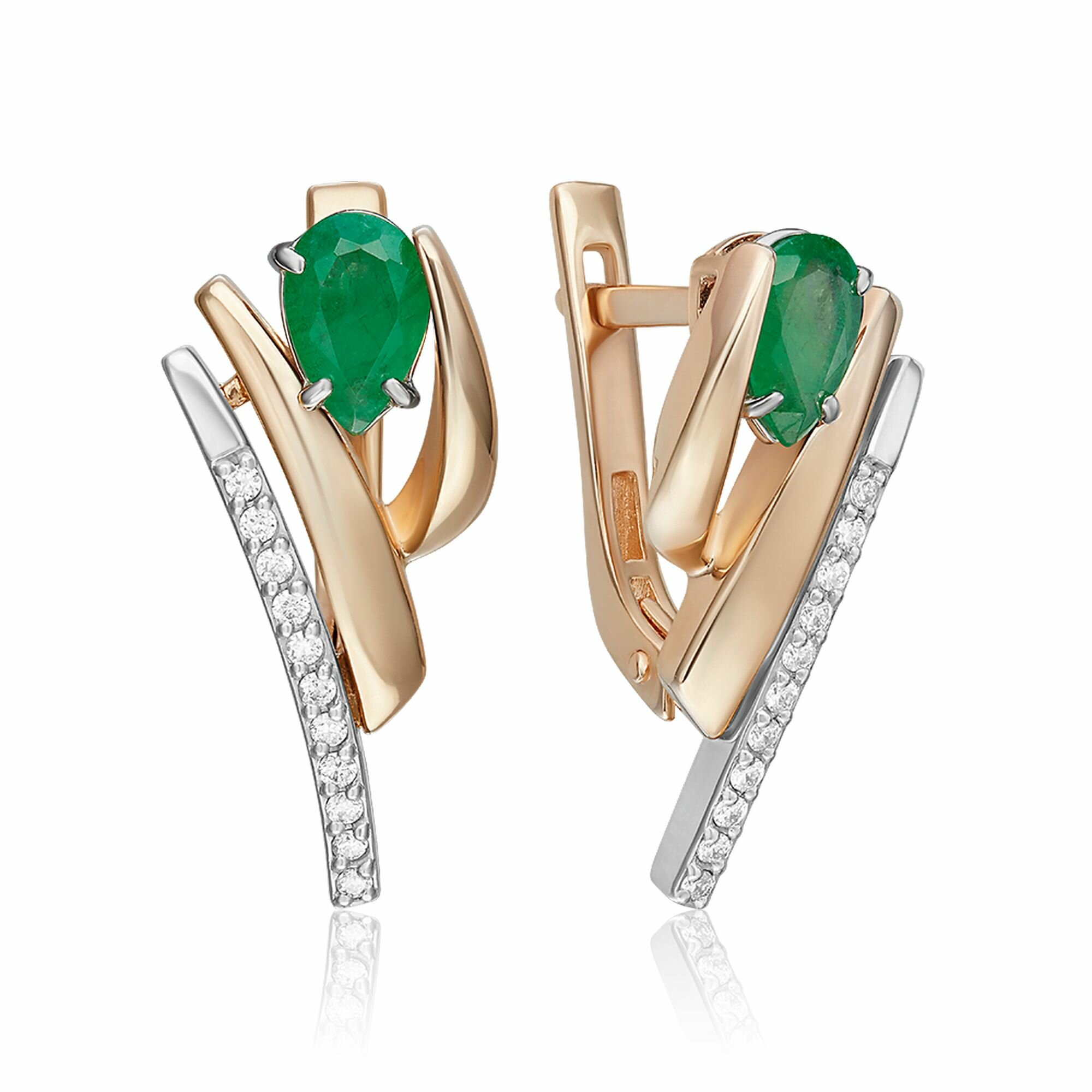 Серьги, комбинированное золото, 585 проба, бриллиант, изумруд