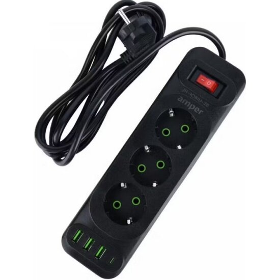 Сетевой удлинитель с USB Amper JH-1081U-2B 3 розетки, 3usb, 1Type-C, 2500 Вт, 10А, 2,0м, черный.