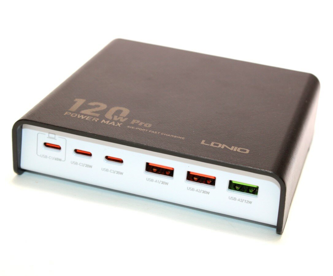 Зарядная станция LDNIO Q605 на 3*USB+3*USB Type-C, GaN, PD+PPS+VOOC+QC 4+, 3.3-20V, max 120W (220В), черный