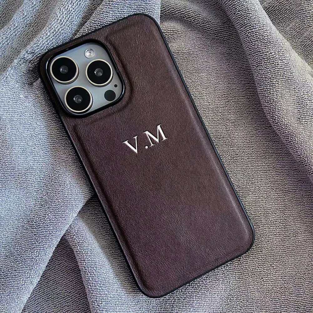 Кожаный персонализированный чехол с именем инициалами для iPhone 17, Air 16, 15, 14, 13, 12, 11 Pro Max Plus, роскошный чехол с гравировкой «сделай сам» для айфона 14 Про, Dark Coffee-Silver