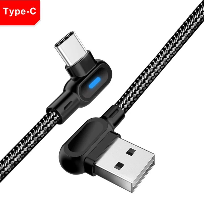 Кабель Type-C на USB, 1м, черный, с подсветкой, 90°