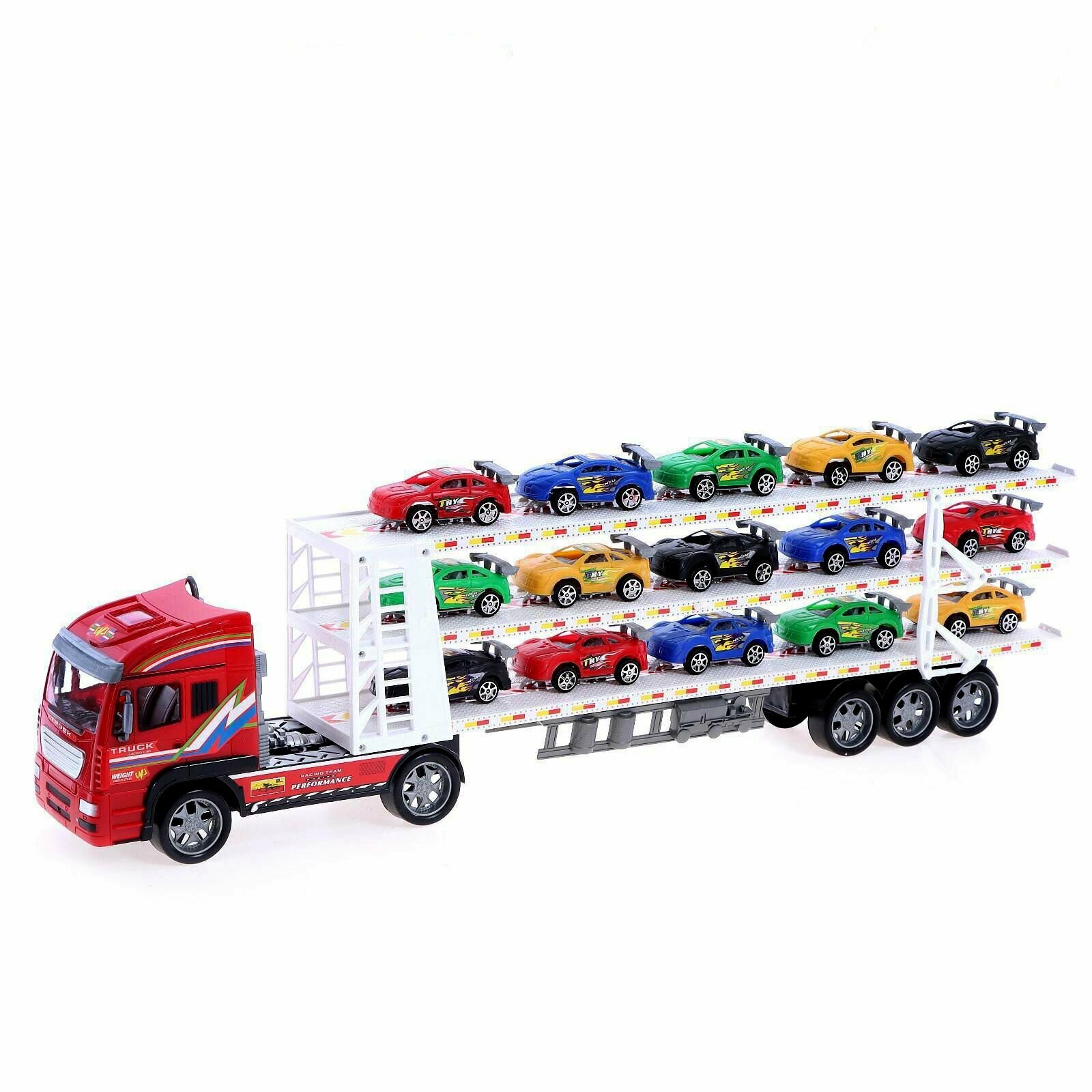 Грузовик "Автовоз" с прицепом для мальчика, детский игровой набор инерционных машинок для сюжетно-ролевых игр, маленькие гоночные машинки-игрушки для малышей, 15 автомобилей