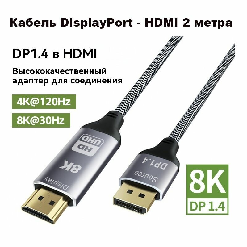 Кабель DisplayPort 1.4-HDMI Pincheson, 2м, 8К, 30Гц, серый металлик
