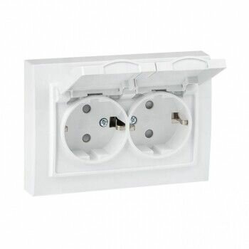 Розетка 2-местная СП с/з с крышкой 16А белая с защ. штор. IP44 Минск