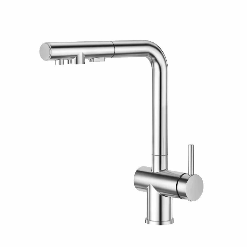 Смеситель для кухни Emar Steel ЕСВ 7020 с краном для питьевой воды, с поворотным изливом, хром, матовый, однорычажный, нержавеющая сталь, с керамическим картриджем