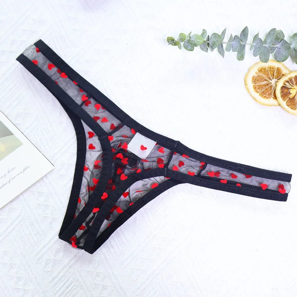 Сексуальные трусики, мужские стринги, сетчатое прозрачное нижнее белье с принтом сердца, мужские стринги, дышащее белье, ультратонкие трусы, плавки L, Черный, Black