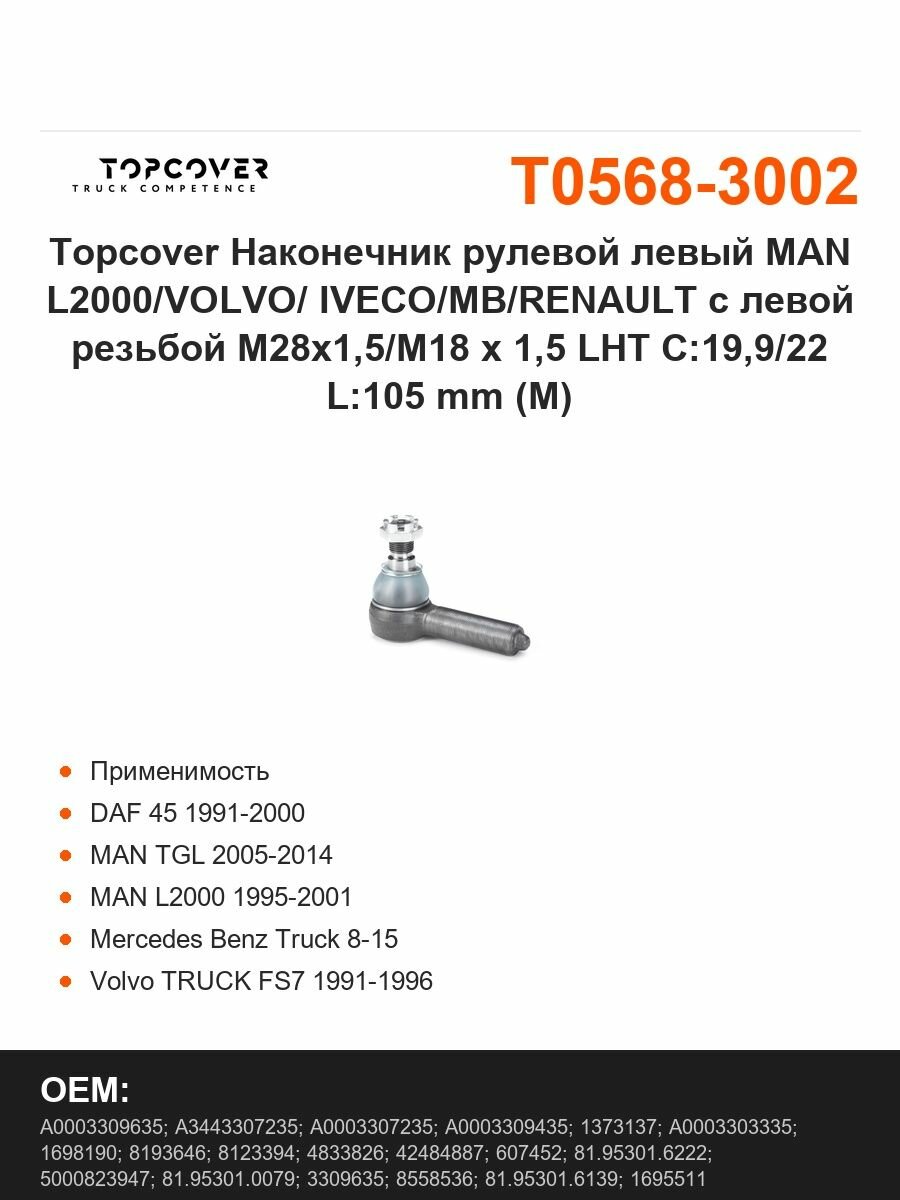 Topcover Наконечник рулевой левый MAN L2000/VOLVO/ IVECO/MB/RENAULT c левой резьбой M28x1,5/M18 x 1,5 LHT C:19,9/22 L:105 mm (M)