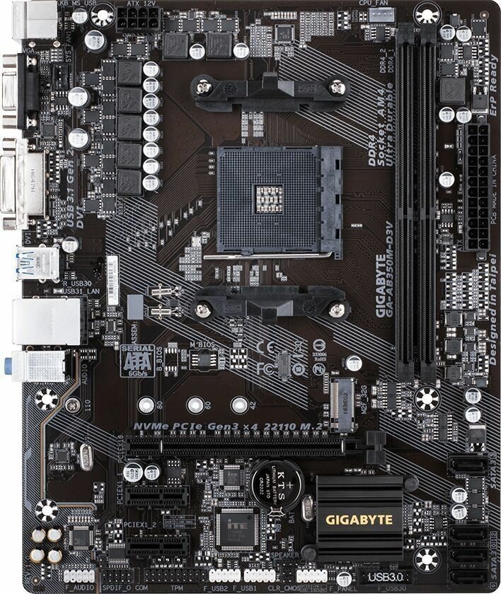 Материнская плата GIGABYTE GA-AB350M-D3V (GA-AB350M-D3V) - SocketAM4, AMD B350, 2хDDR4-2667 МГц, 1хPCI-Ex16, 1хM.2, mATX