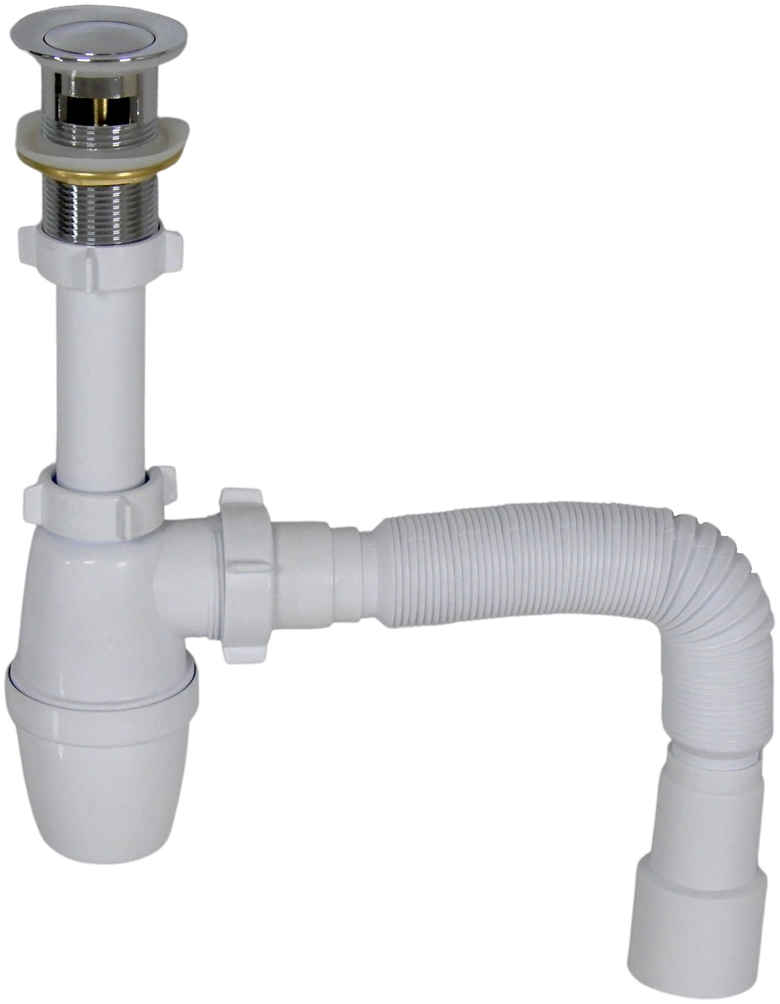 Сифон сливной белый и донный клапан с малой крышкой-кнопкой хром с переливом КН053