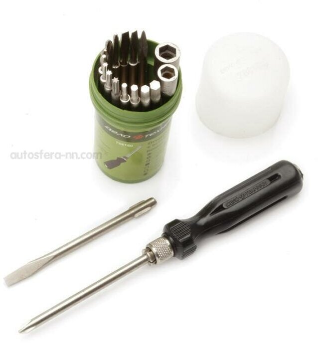 DELOTEKHNIKI 708180 Отвёртка цанговая со вставками (шлиц 3,5,6 мм; РН0, РН1, РН2, PZ2; шило; шестигранник 3,4,5,6 мм; TOR