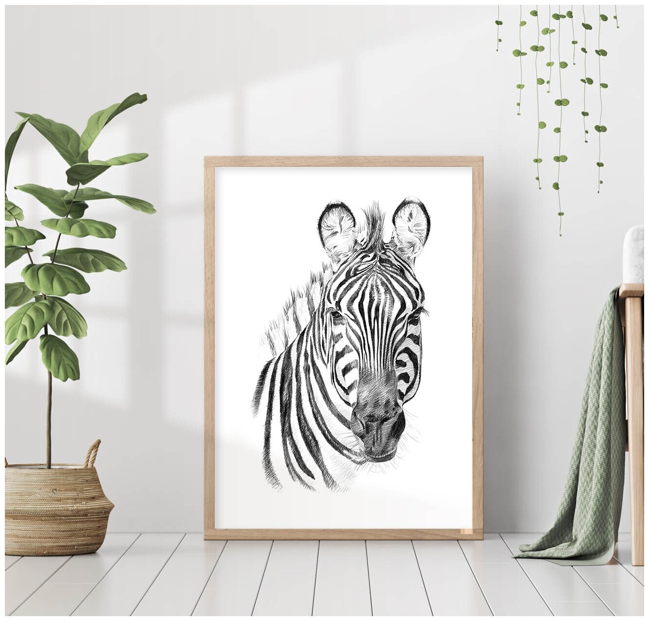 Постер "Зебра черно белый рисунок" без рамы 40x50 см на стену для интерьера