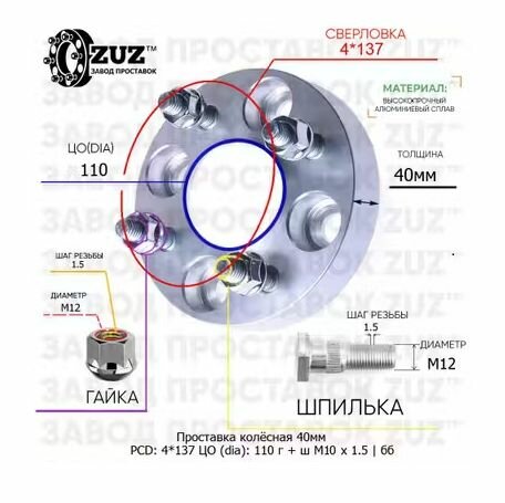 Проставка колёсная 40мм 4*137 ЦО 110 Крепёж в комплекте Гайка + Шпилька М10*1,5 ступичная без бортика для дисков на ступицу 4x137 4х137