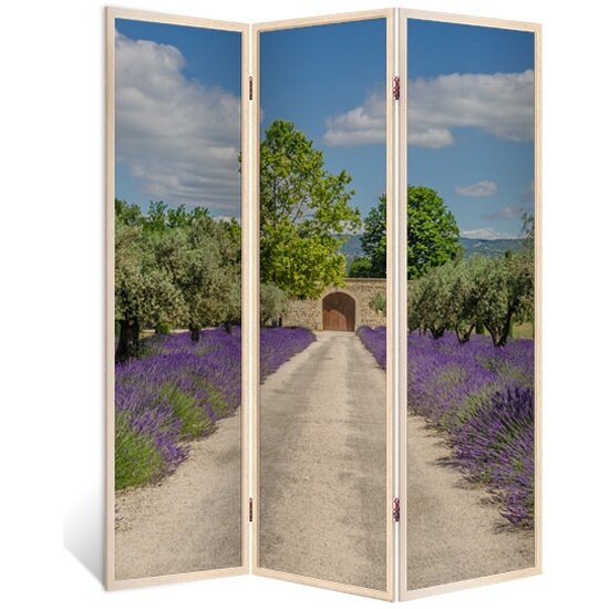 Ширма перегородка Декор Депо для комнаты деревянная "Дорога лаванды" двухсторонняя с картинкой (природа) 3 створки кремовый дуб 176х140 см 11 кг