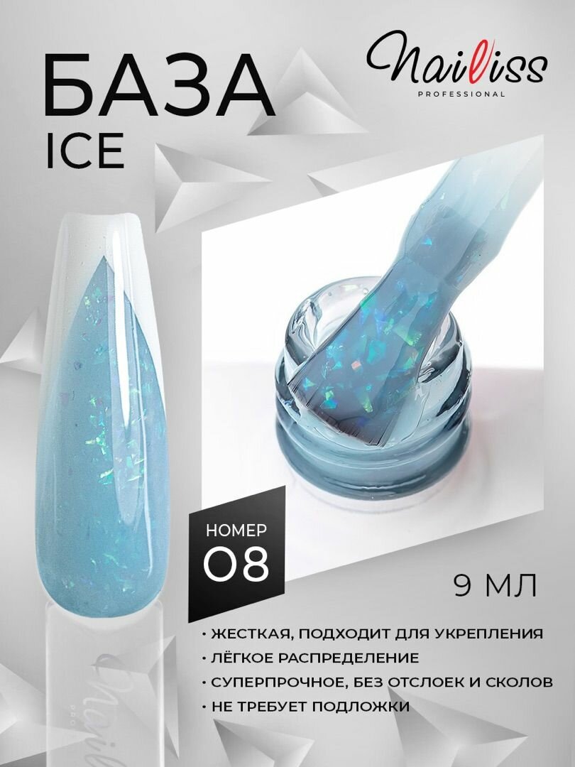 Жесткая камуфлирующая база Nailiss "Ice Base" №8, голубой, 9 мл.