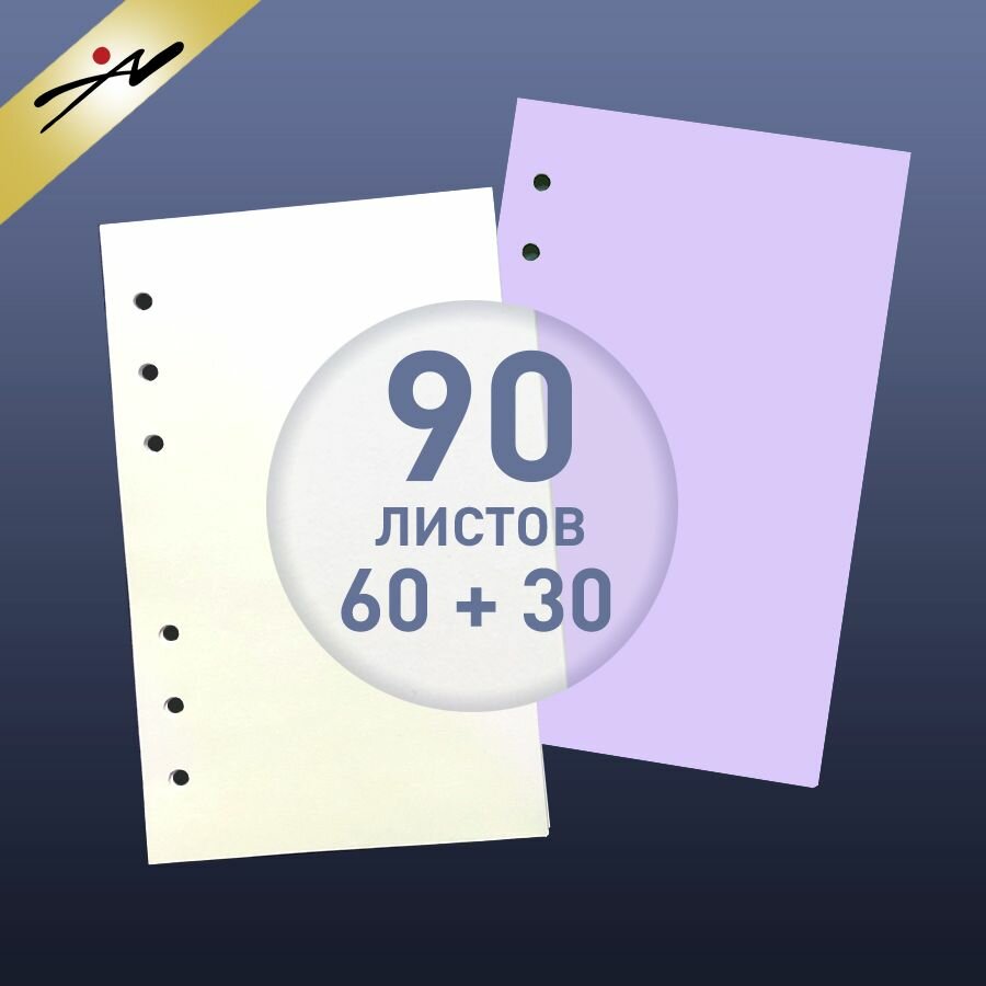 Сменный блок А6 на 6 колец белый/сиреневый 90 листов (60+30) от Nauru Art