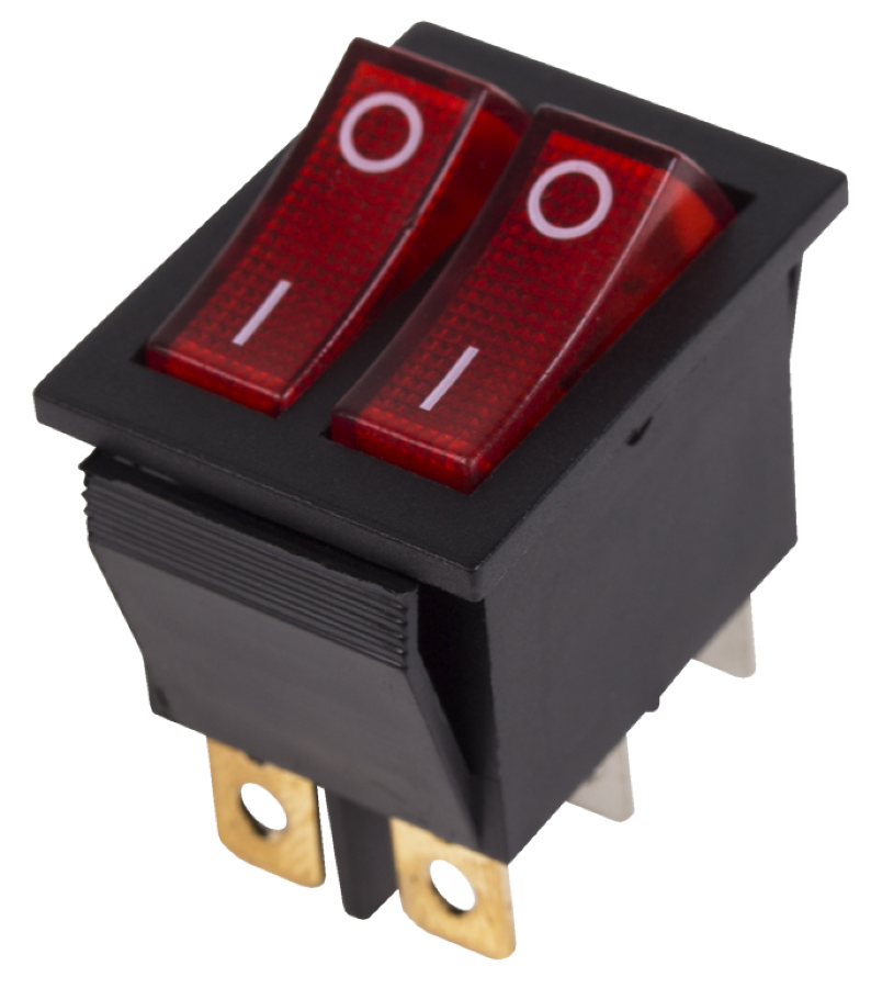 Выключатель клавишный REXANT / Рексант двойной с LED подсветкой, прямоугольной формы, в корпусе из пластика, красный, 250В 15А IP30, 2 позиции переключения / электрика