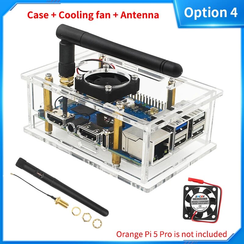 Аксессуары для Orange Pi 5 Pro - прозрачный акриловый корпус с вентилятором Option 4