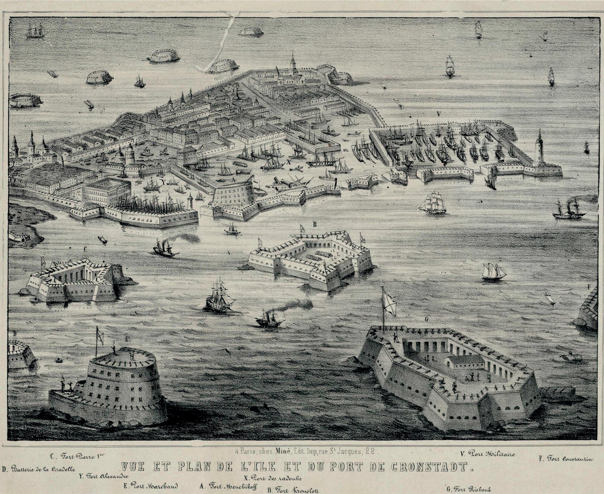 Старинная карта острова Кронштадт 1854 г гравюра размер 108-88 см