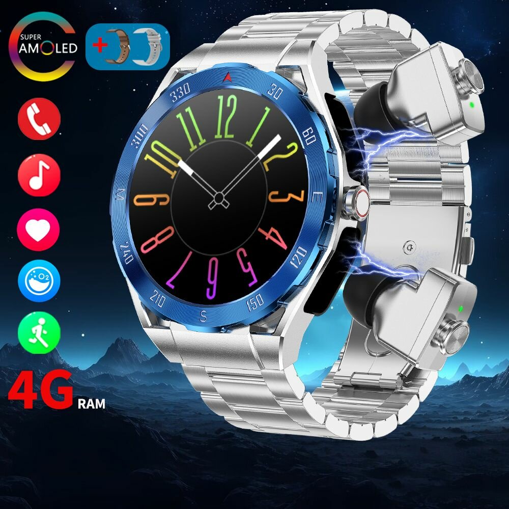 Умные часы с наушниками для Android и iPhone, 1.43' AMOLED HD экран, 4 Гб локальной музыки, фитнес-трекер, ультратонкий дизайн, универсальные часы с наушниками для мужчин и женщин