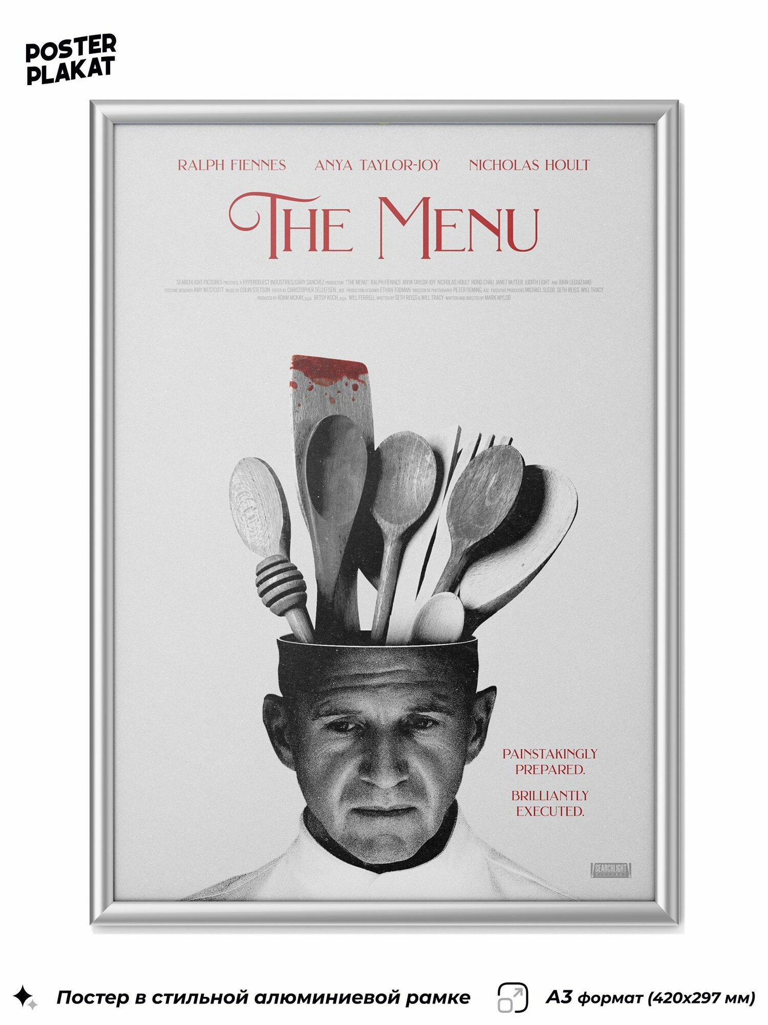 Постер Меню / Menu (2022 г) в стильной раме, Рэйф Файнс, Аня Тейлор-Джой, Словик, по мотиву фильма, А3 (420х297 мм), Постер Плакат
