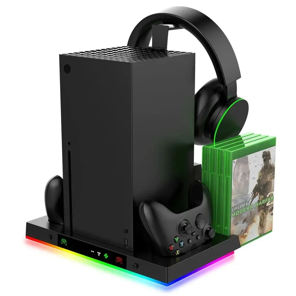 Вертикальная подставка и зарядная станция для геймпадов Xbox Series X с отсеками для дисков, и креплением для наушников