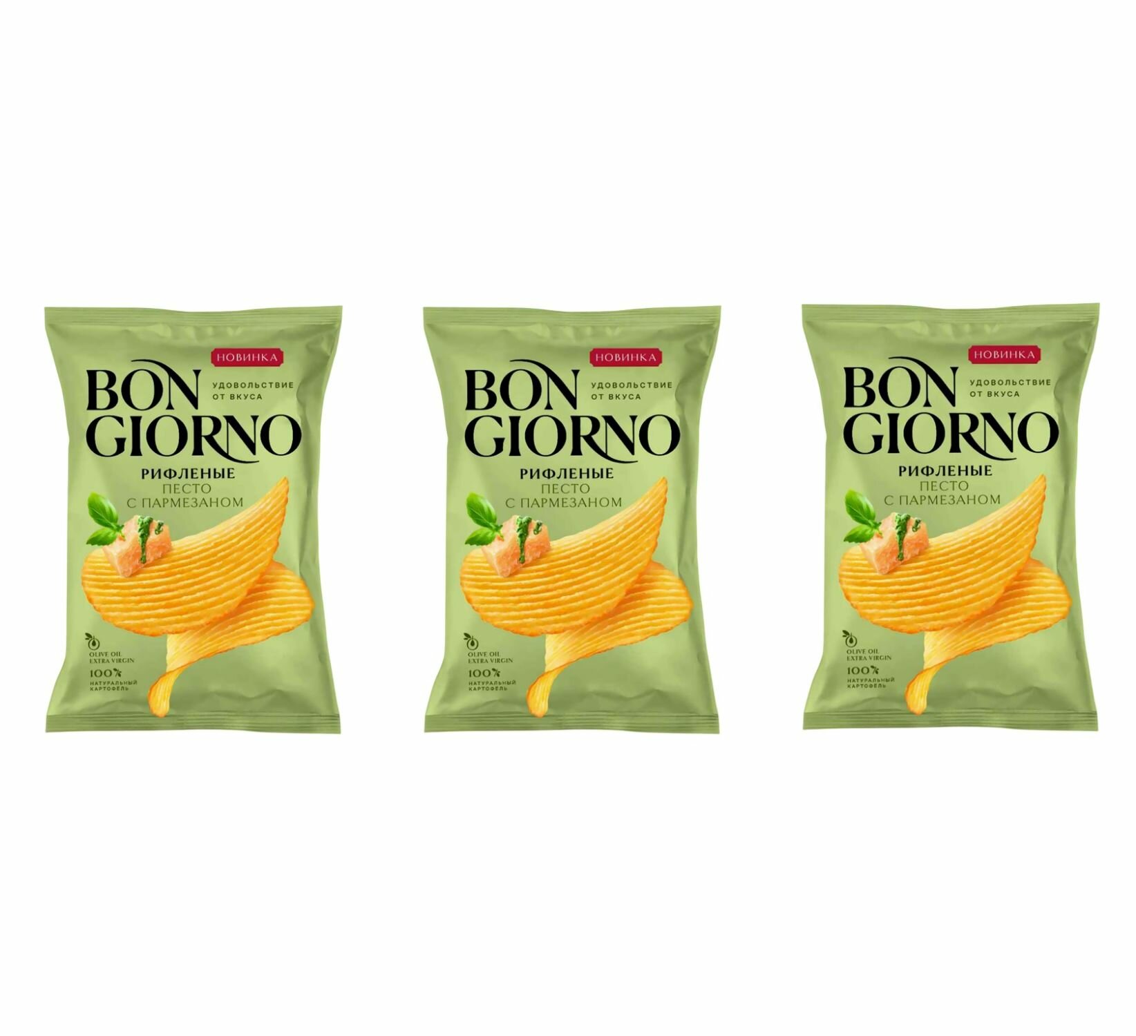 Bon Giorno Чипсы картофельные рифленые Песто с пармезаном , 80 г, 3 шт