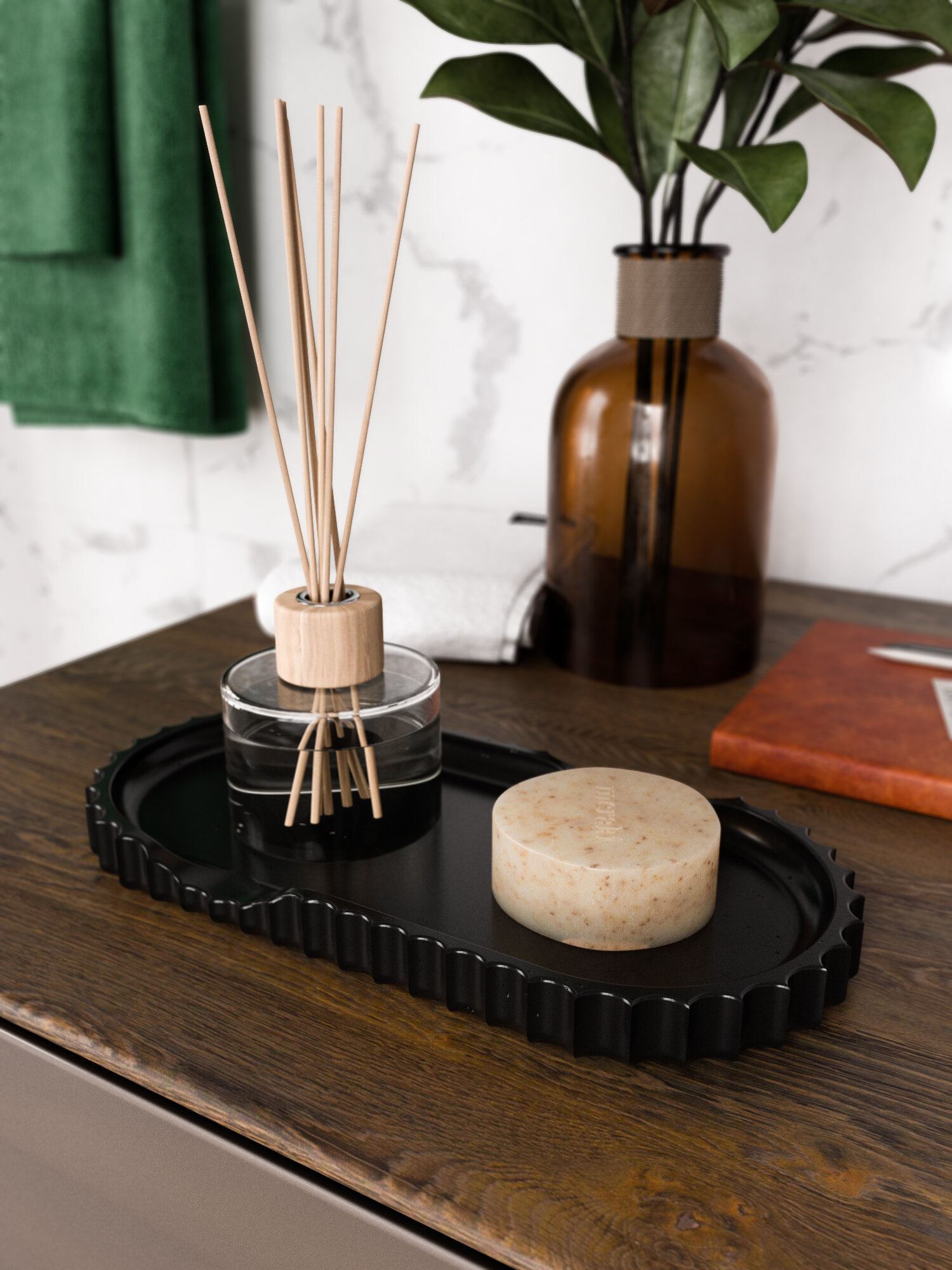 Поднос, декоративная подставка для хранения мелочей и косметики в ванной комнате "San Marino", 23х11 см, черный матовый