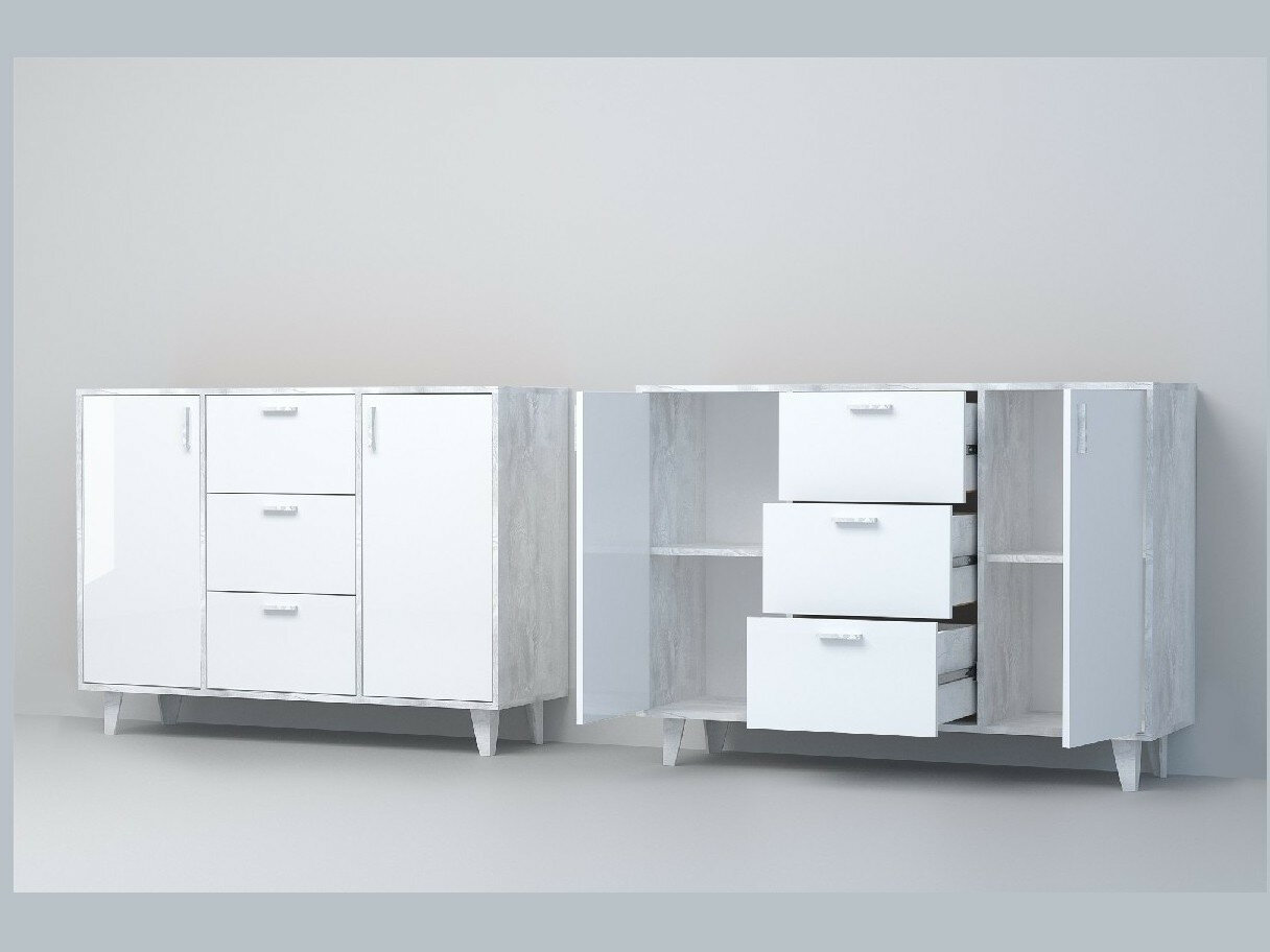 Комод К-2 НГ, в скандинавском стиле, Глянец Белый/Бетон Светлый