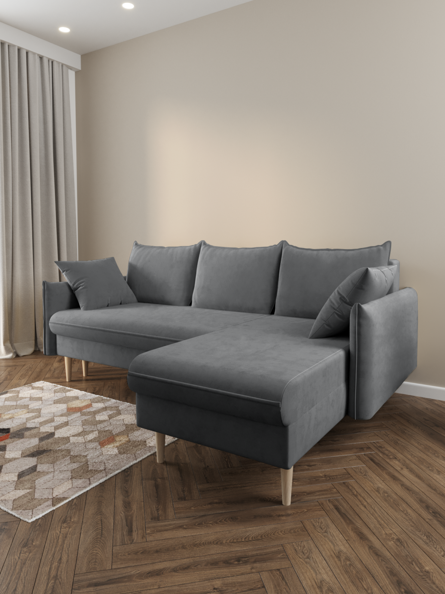 Диван-кровать угловой Фьорд с оттоманкой серый, правый угол, механизм Тик-так, 216х145х95 см