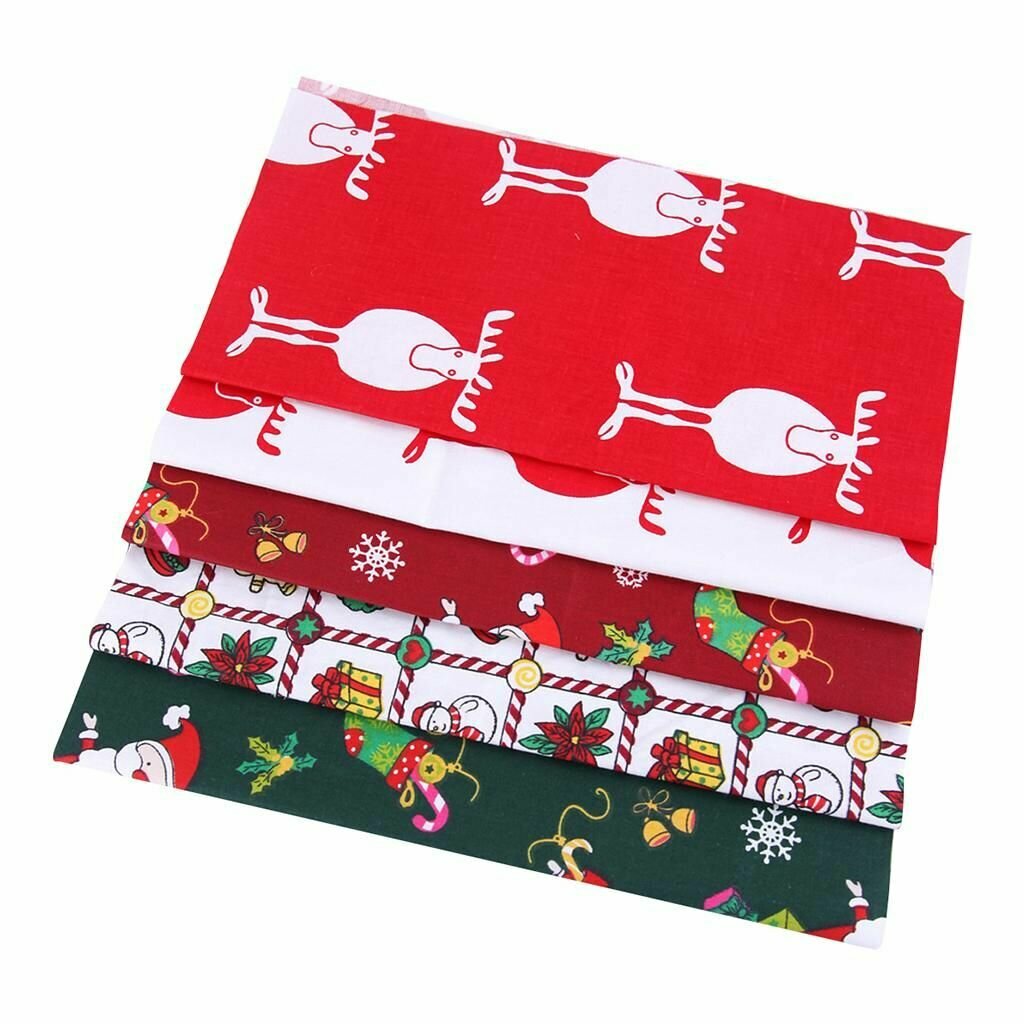 Ткань хлопок 25x25 см, 5 шт, с новогодним принтом Санта Клаус и олени, для шитья и рукоделия