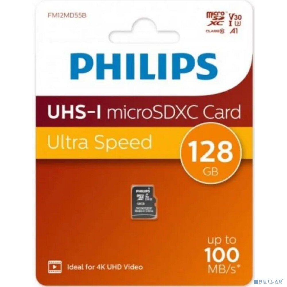 Micro SecureDigital 128GB Philips High Speed microSDHC Class UHS-I U3, V30, A1, 100MB/s (FM12MD55B/97)