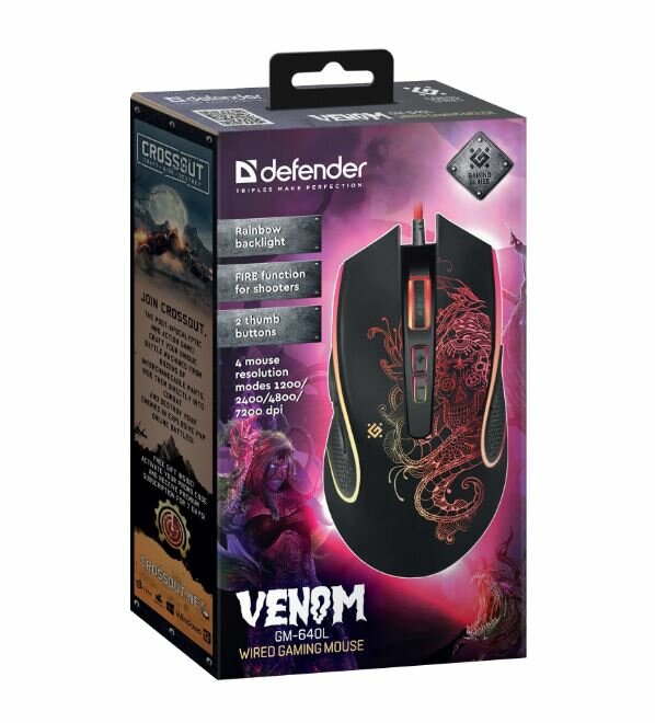 Мышь проводная Defender, GM-640L, Venom, оптическая, чёрный