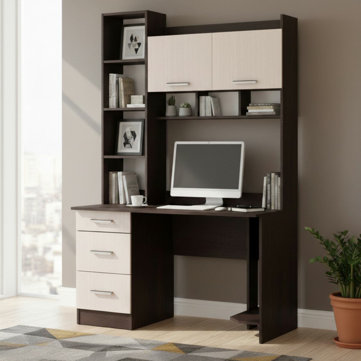 Стол письменный с надстройкой ПКС-5 (Венге/Дуб белфорт), компьютерный стол со стеллажом и ящиками, 125х60х197 см