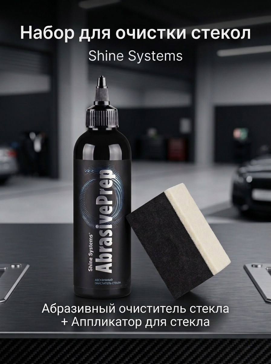 Shine Systems AbrasivePrep 200 мл + Glass Applicator - набор для чистки стекол, SS579/SS590