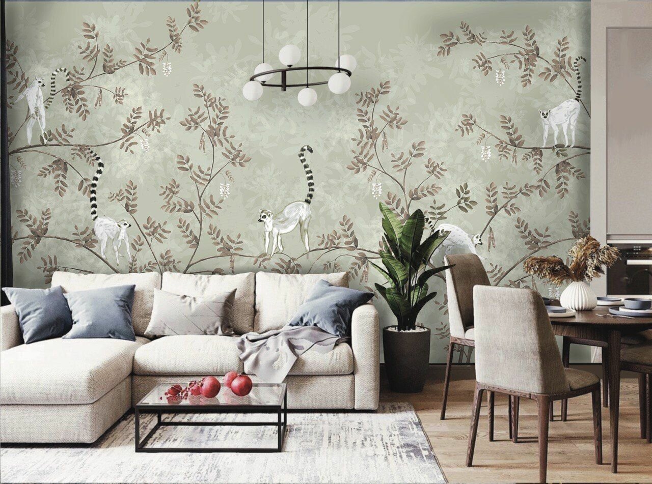 Фреска бесшовная Лемуры Монохром бежевый (текстура листья) (ширина 2750мм х длина 2000мм)