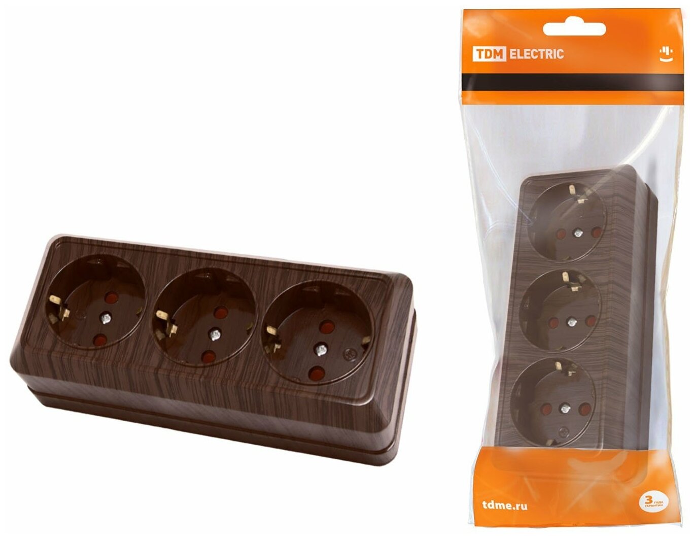 Розетка 3-х местная горизонтальная 2П+3 открытой установки IP20 16A с з/ш бук Ладога TDM {SQ1801-0327}