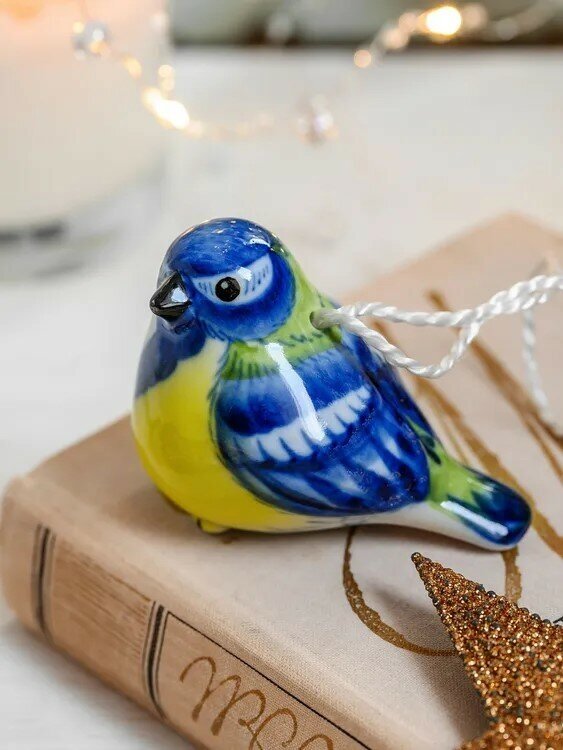 Ёлочная игрушка "Синичка" 8х5х5,5 см цветная гжель фарфор ручная работа сделано в России